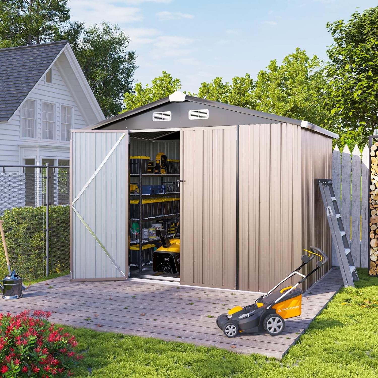 8.5 x 5.6ft Outdoor Storage Shed with Base, Outdoor Tool Storage Shed, Outside Lawn Mower ...