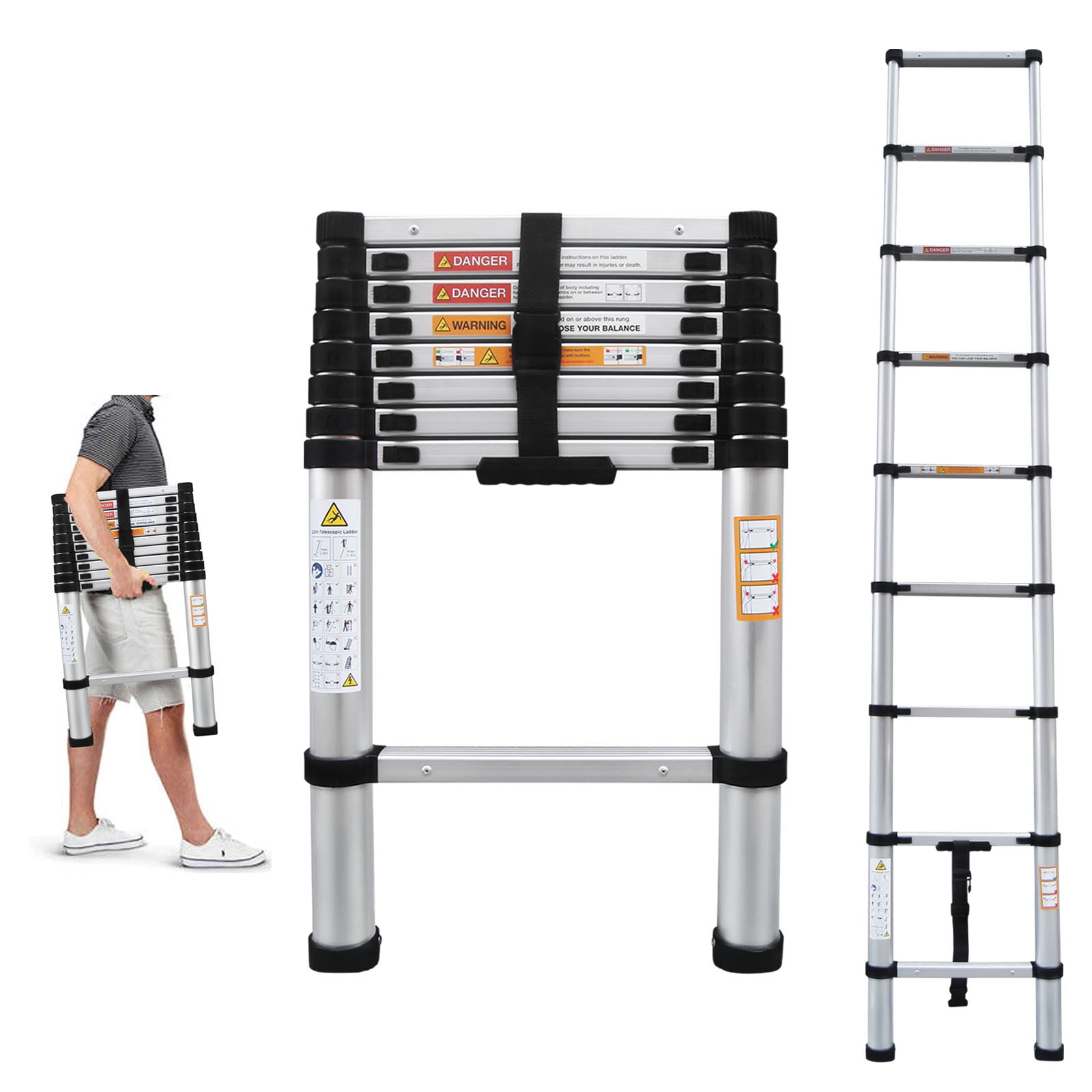 8.5FT Extension Ladder Aluminum Telescoping Folding Ladder 8 Steps ...