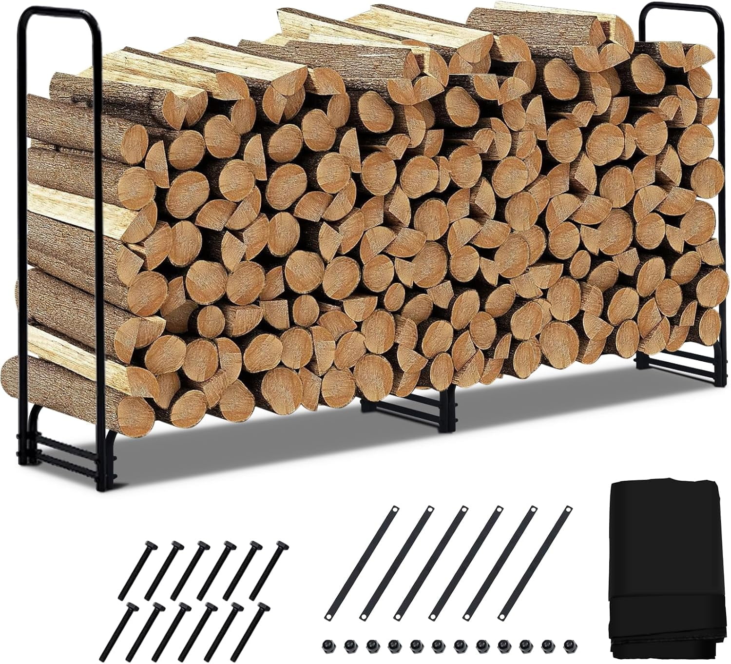 8.5FT Outdoor Firewood Rack with Waterproof Cover, 1/2 Cord Premium ...