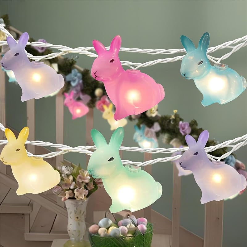 8.5Ft Easter Lights,Easter Bunny String Lights with 10 Pack Multicolor 3D Rabbit Shaped Lights ...