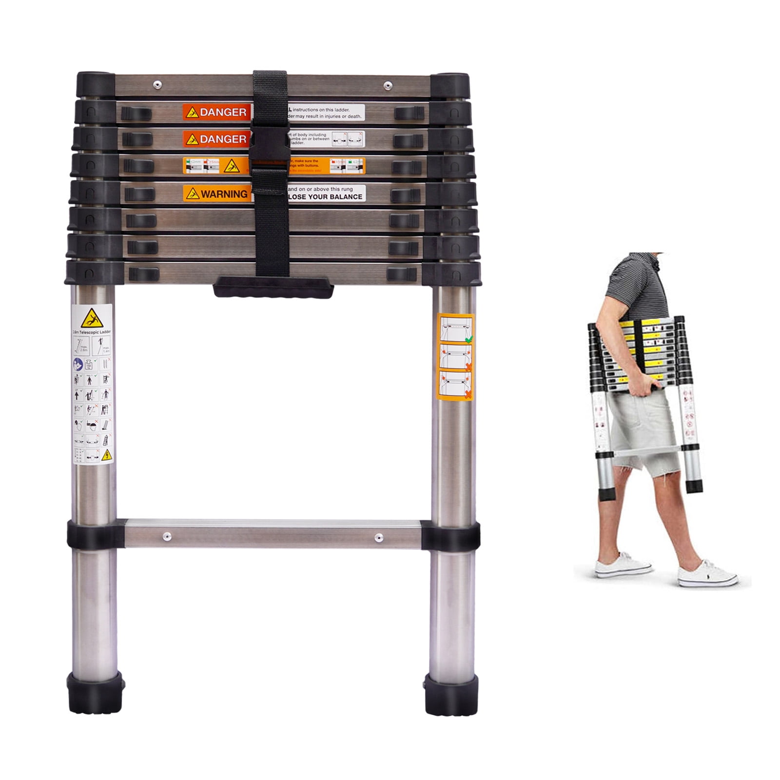 8.5ft Telescoping Ladder Stainless Steel Construction Portable Folding ...