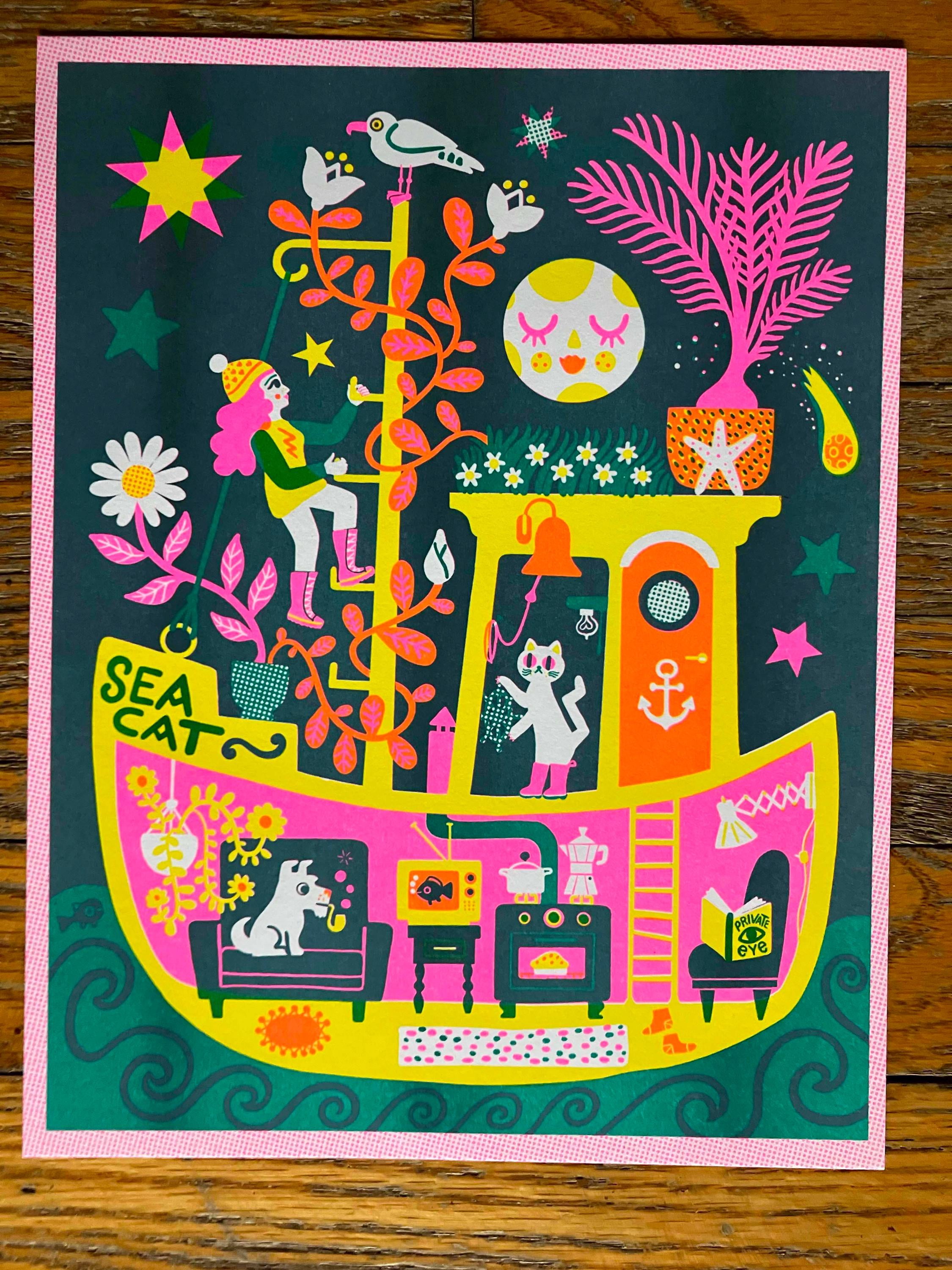 8.5x11" Celestial Houseboat Girl With Sea Captain Cat And Dog Riso ...