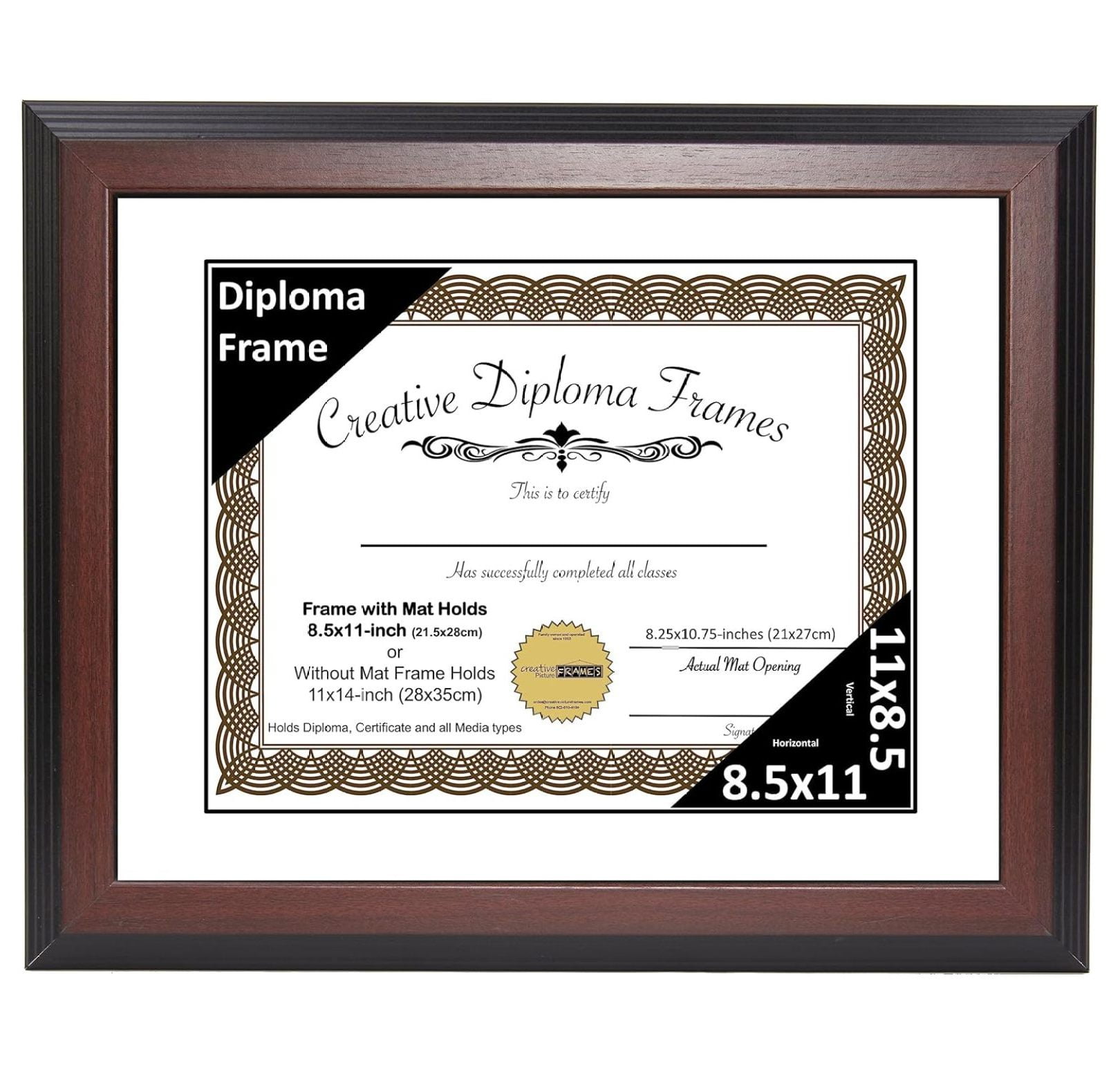 8.5x11 Mahogany Finish Diploma Frame with White Matting for Business ...