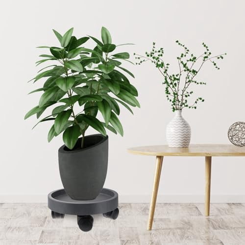 8. 6 Inch Round Grey Planter with Wheels Indoor, Resin Plant with Easy ...