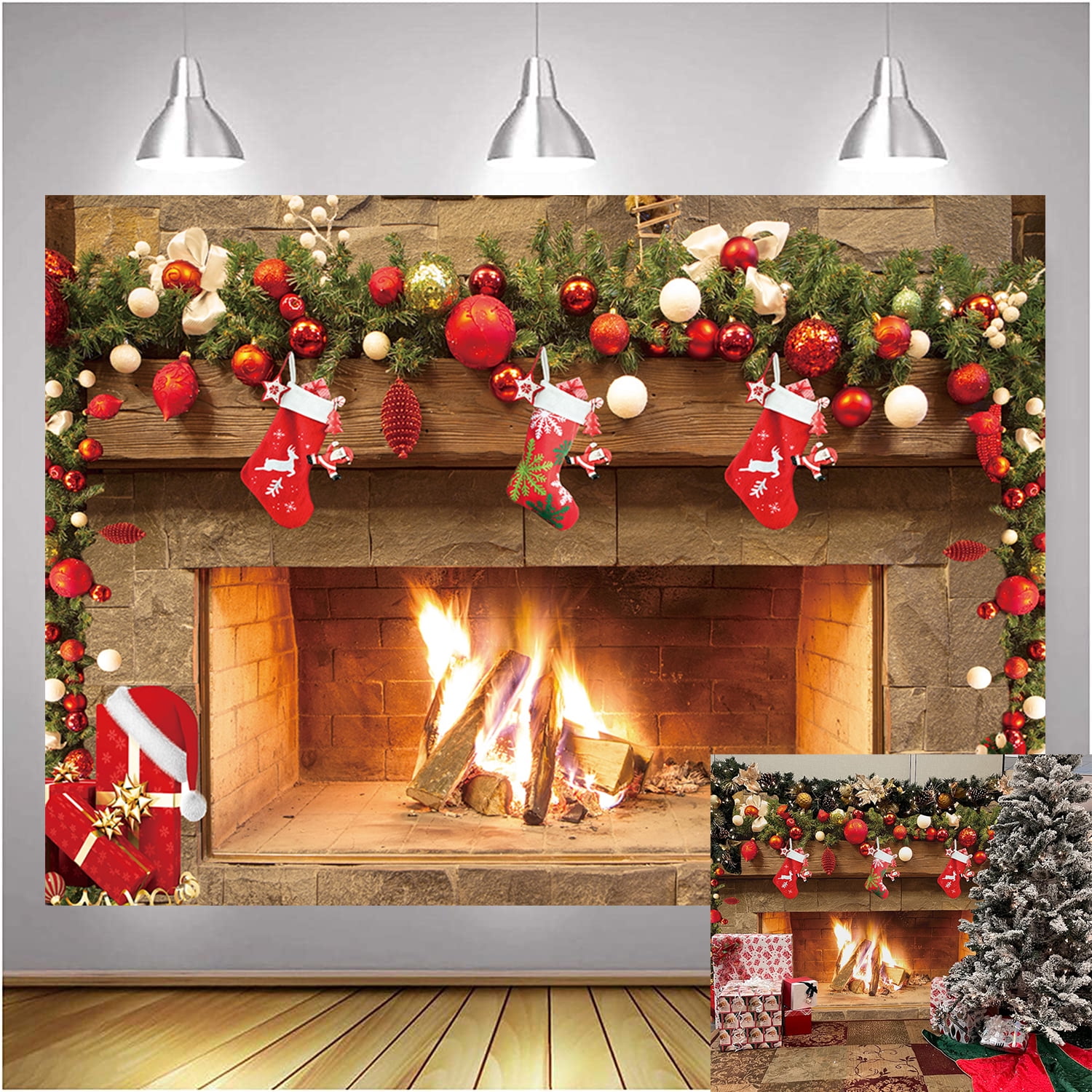 BINQOO 8×6FT Christmas Fireplace Backdrop, Santa Claus Sock Gifts, New ...