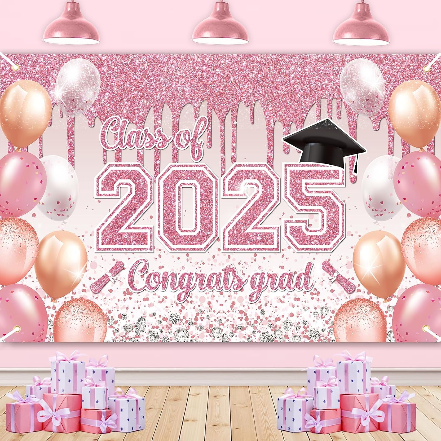 8*6FT Pink Graduation Banner Decorations 2025 Rose Gold Congrats Grad ...