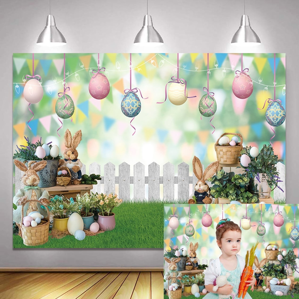 8×6FT Spring Easter Backdrop Easter Bunny Decor Spring Garden Colorful ...