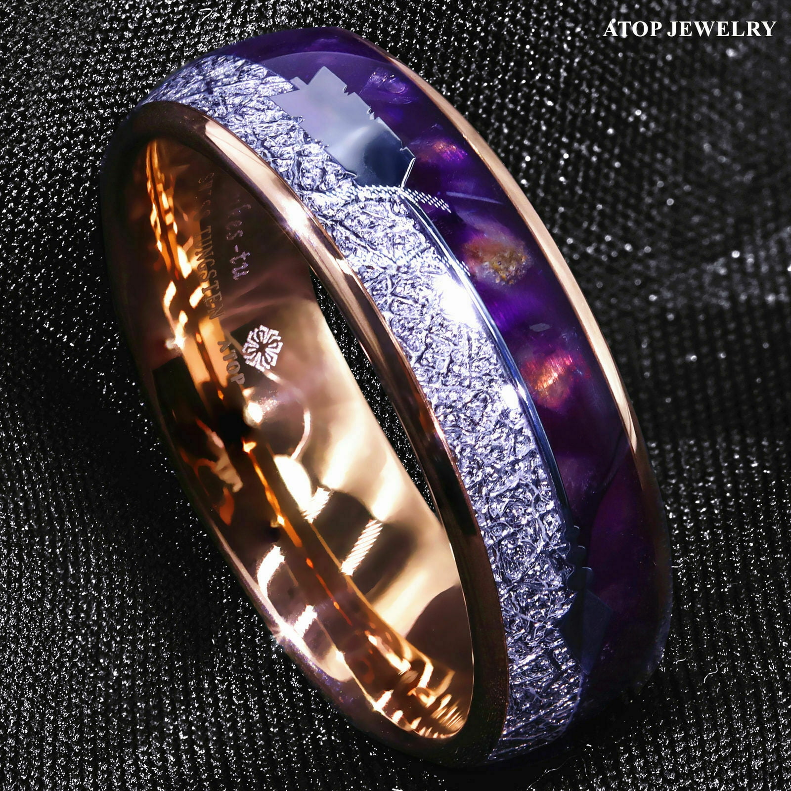 8/6mm Purple Agate Meteorite Arrow Rose Gold Tungsten Ring Men ...