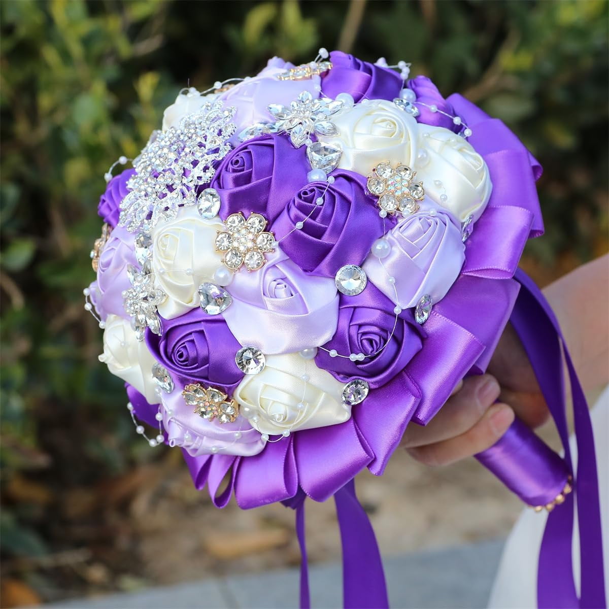 8.7" Purple & Ivory Bridal Wedding Bouquet Round Holding Bouquet Throw ...