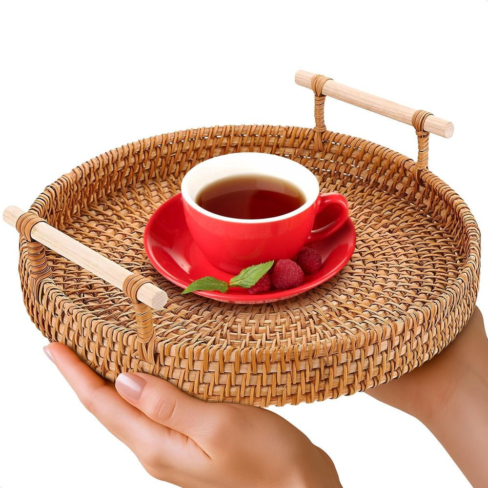 8.7" Round Rattan Serving Tray with Handles, Hand-Woven Decorative ...