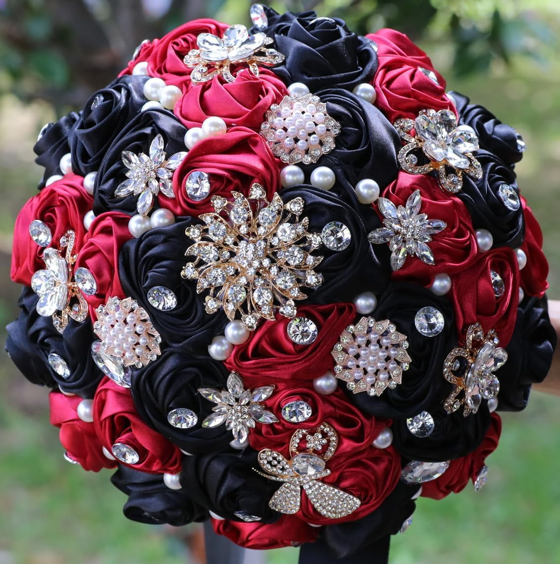 8.7" Round Wedding Bouquet, Artificial Rose Bridal Bouquet, Handmade ...