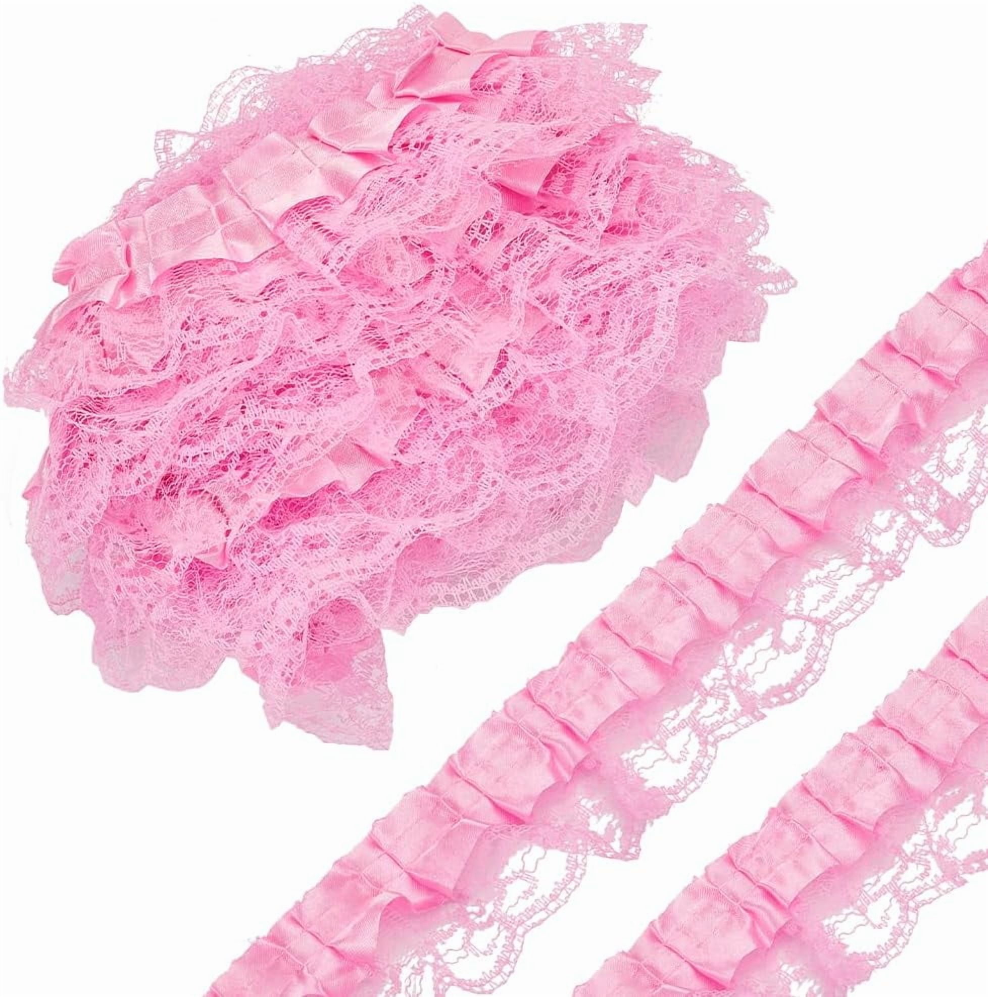 8.75 Yard Pleated Chiffon Lace Trims 1-3/4inch Wide Pink Flower Lace ...