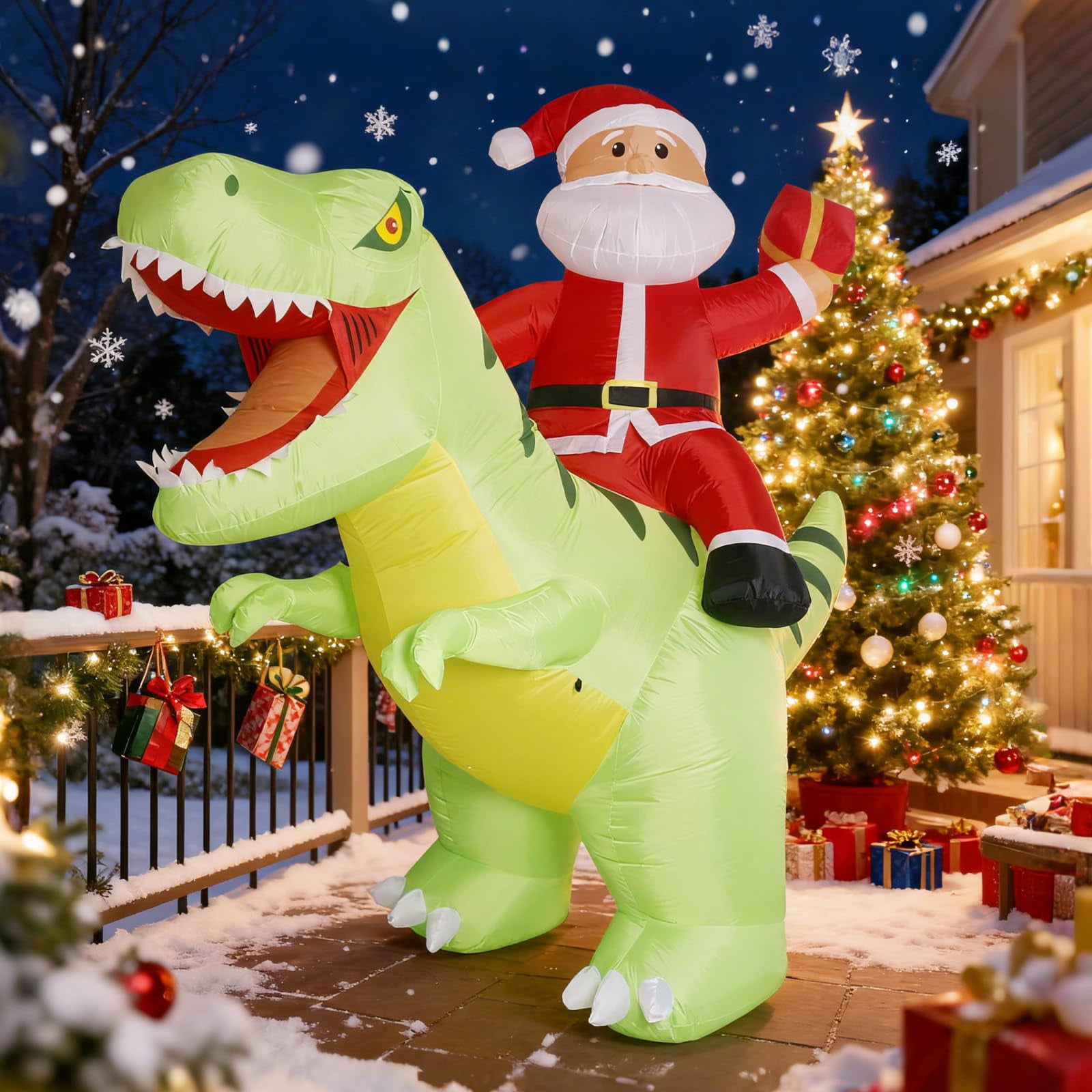 8.7x8FT Christmas Inflatable Santa Claus Ride on Dinosaur, Christmas ...