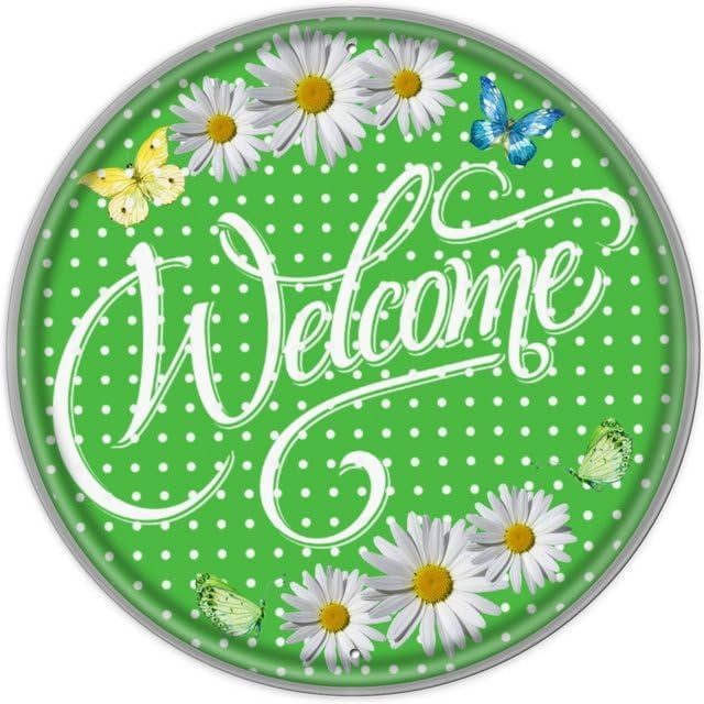8*8inch Welcome Green Polka Dot Welcome Daisy Vintage Style Round For ...