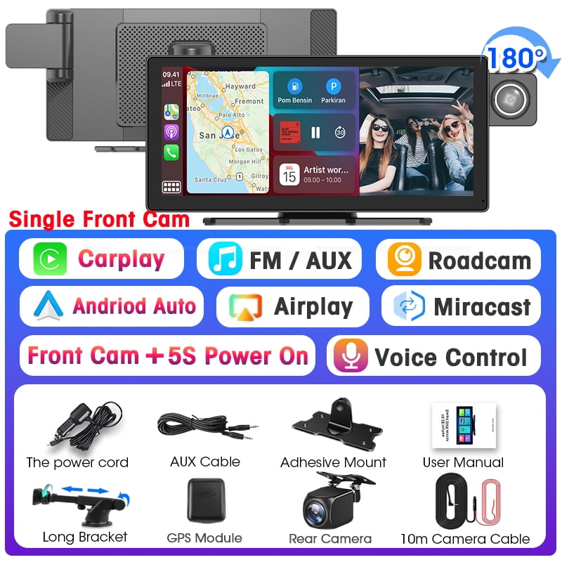 8.9" Dash Cam Front Side Inside Carplay & Android Auto 4K DVR 180 Rotating Lens Video Recorder ...