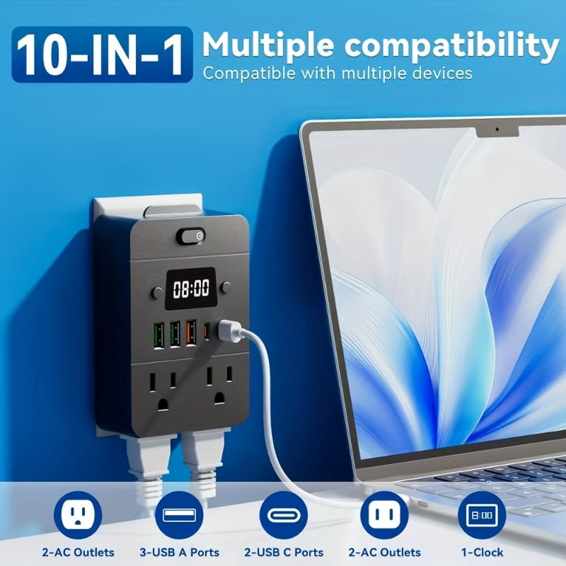 8 AC Outlets, 3 USB, 1 Type-C Port Power Strip, Multi-Plug Adapter w ...
