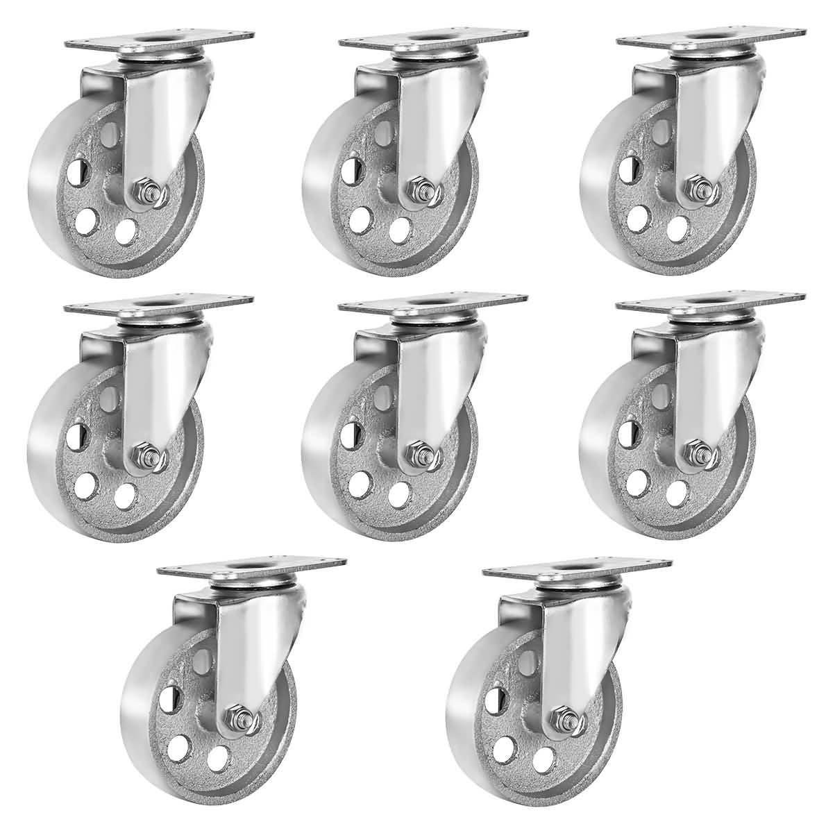 8 All Steel Plate Caster Wheels Lock Heavy Duty Gray (4" METAL W/ LOCK ...