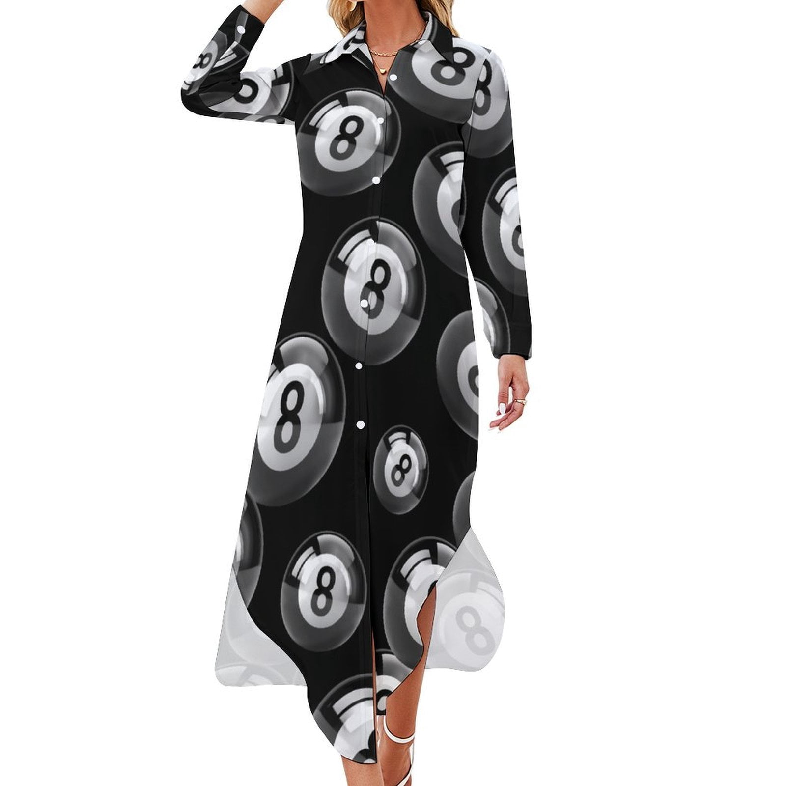 8 Ball Billiards Women's Maxi T Shirt Dress Long Sleeve Lapel Summer ...