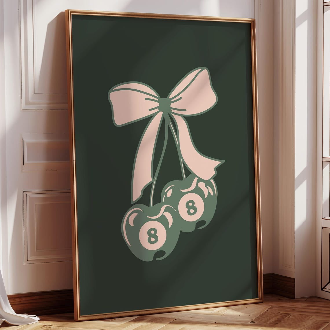 8 Ball Cherry Bow Poster, Hand Illustrated Bow Wall Art Prints, Trendy ...