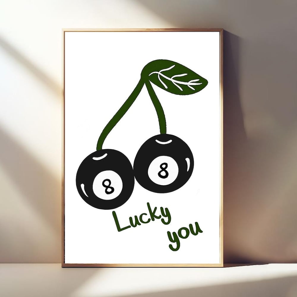 8 Ball Cherry Print, Lucky You, Retro Cherries Wall Art, Vintage Bar ...