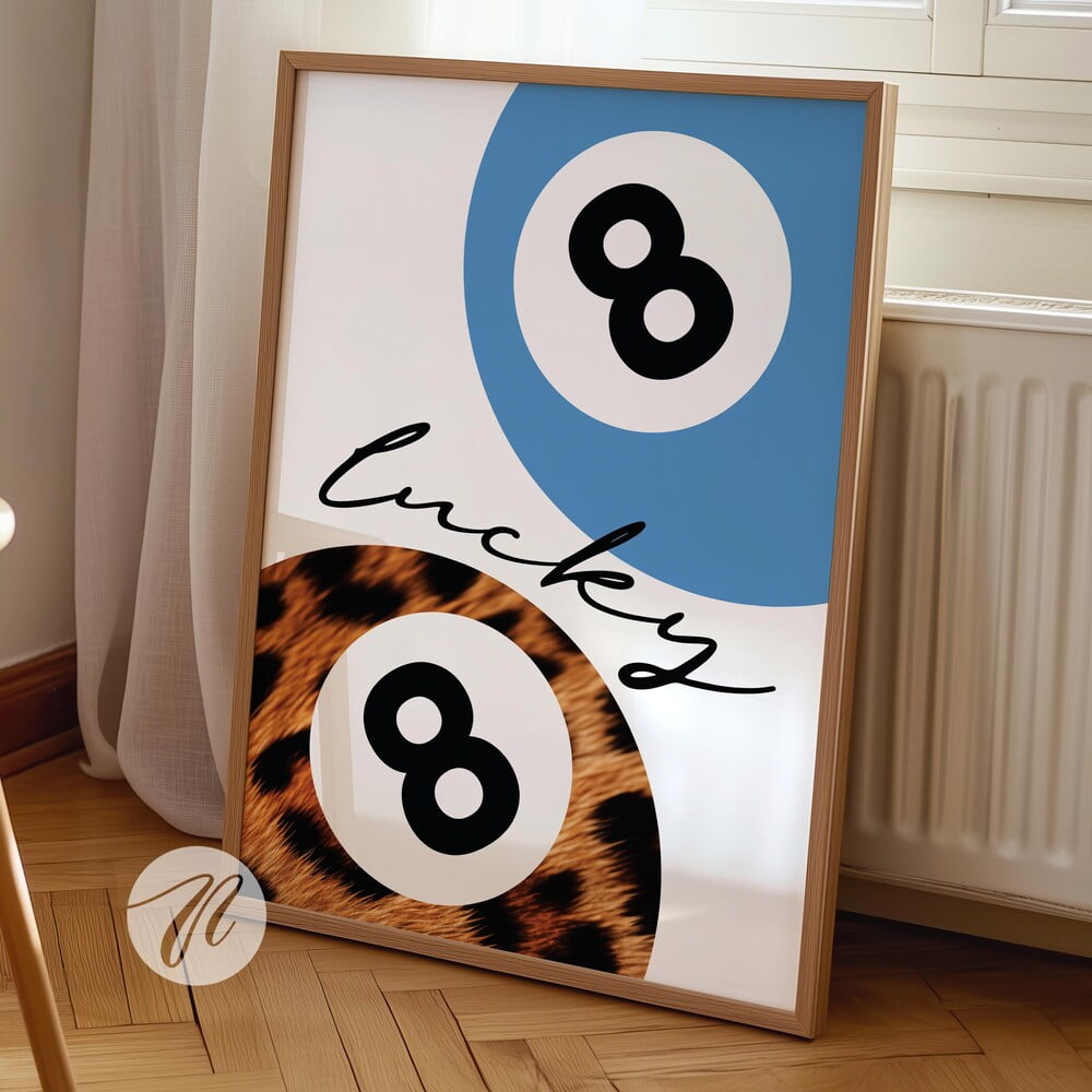 8 Ball Leo.Pard Print, Retro Lucky Girl Poster, Blue Vintage Pool Ball ...