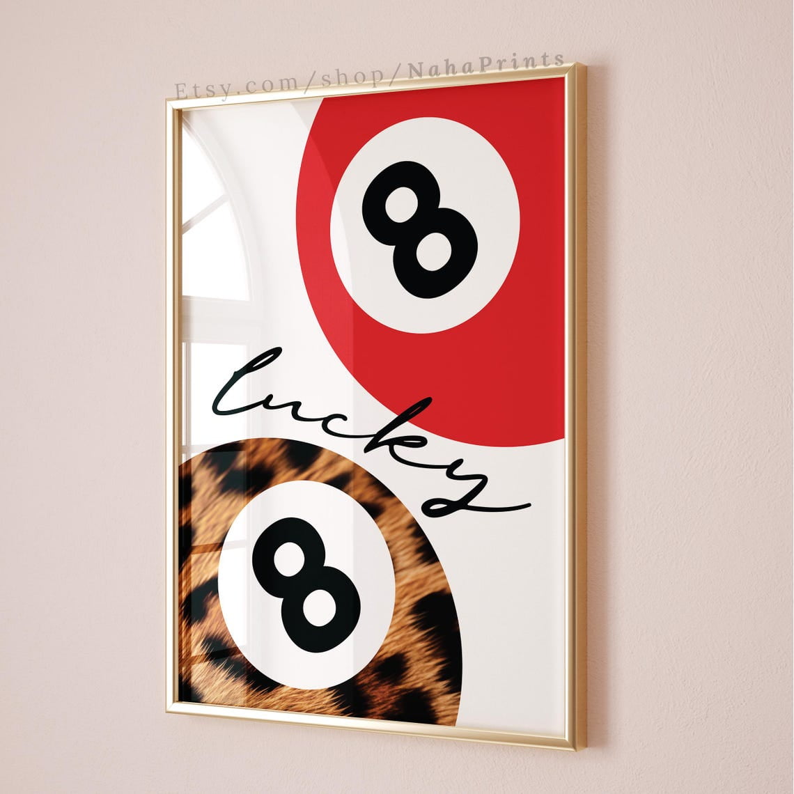 8 Ball Leopard Print, Retro Lucky Girl Poster, Red Vintage Pool Ball ...