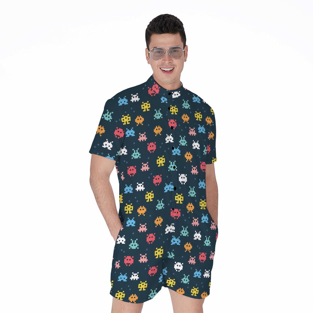8-Bit Video Game Monsters Pattern Short Sleeve Men'S Rompers, Retro ...