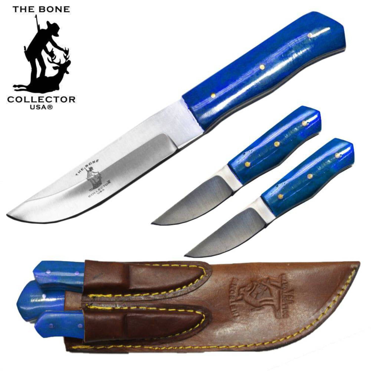 8" Bone Collector Blue Cattle Cow Bone 3 PCS Hunting Knife with Leather ...