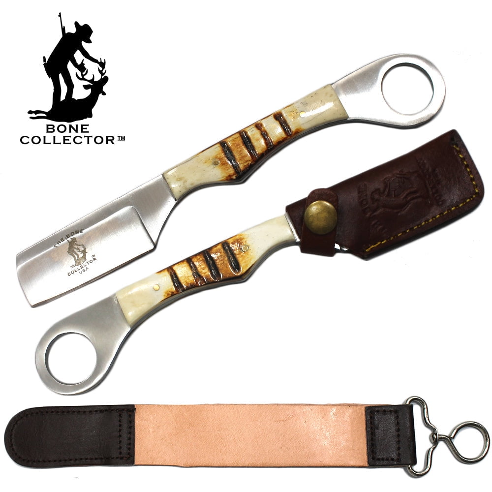 8" Bone Handle Razor Knife with Leather Sheath & Sharpening Strop Belt ...
