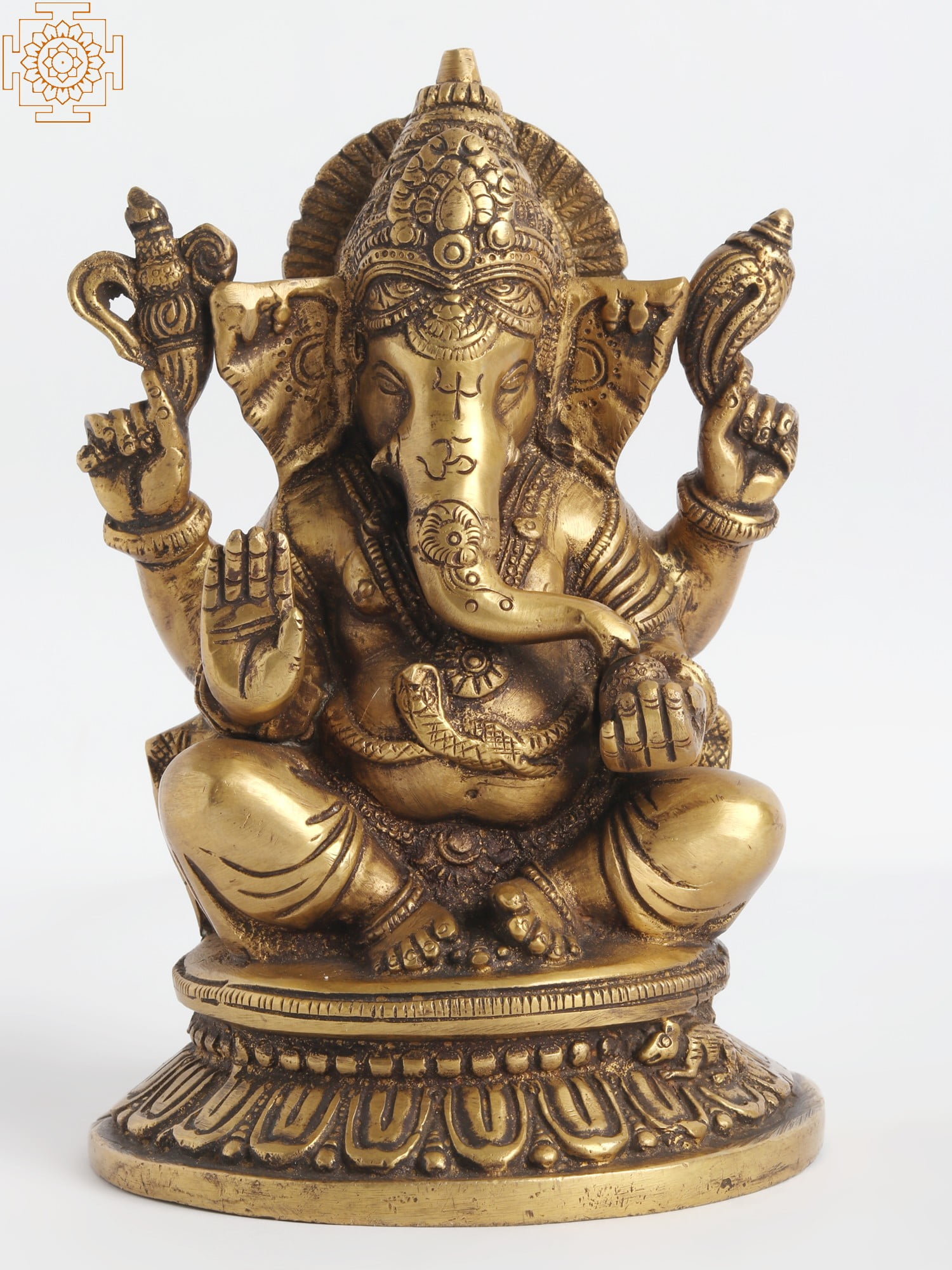 8" Brass Four-Armed Seated Ganesha Statue Granting Abhaya | Handmade ...