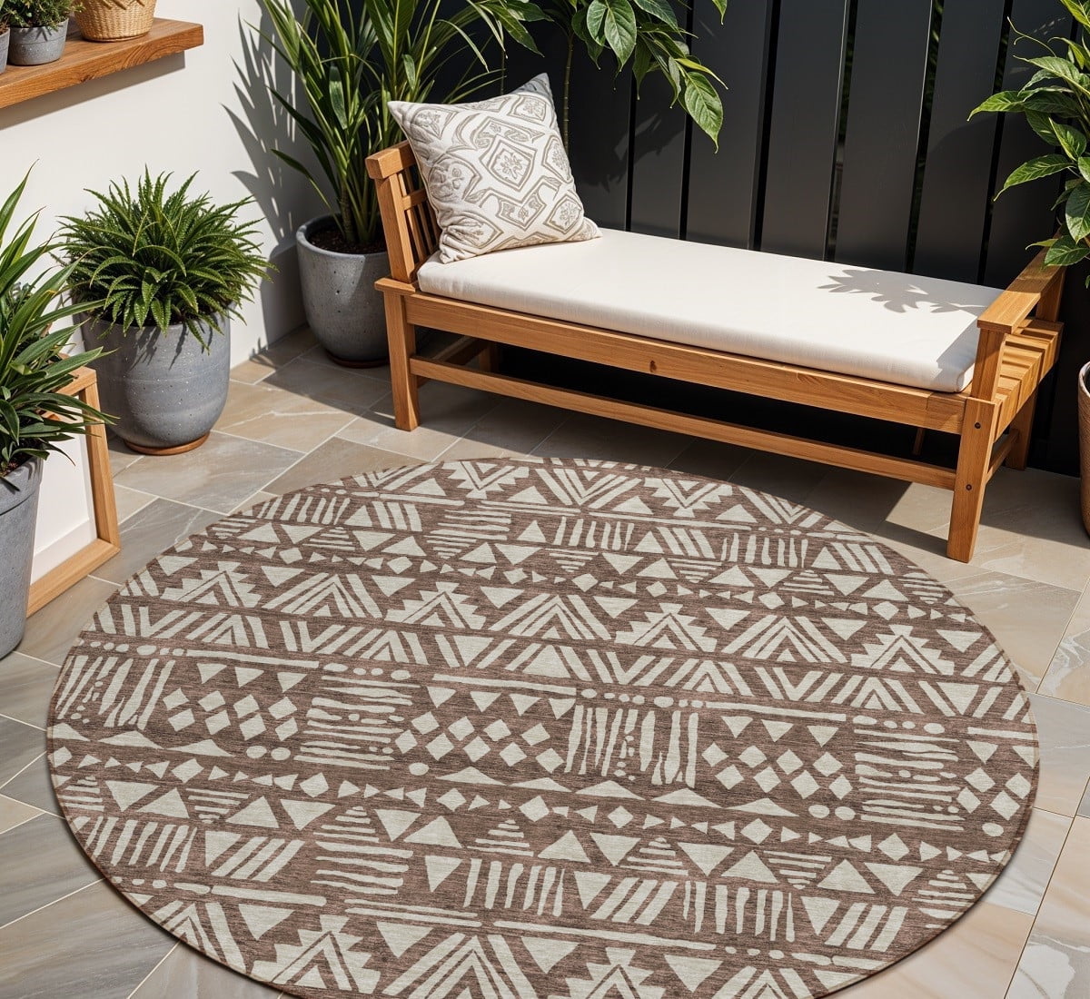 8' Brown And Beige Round Southwestern Washable Indoor Outdoor Area Rug ...