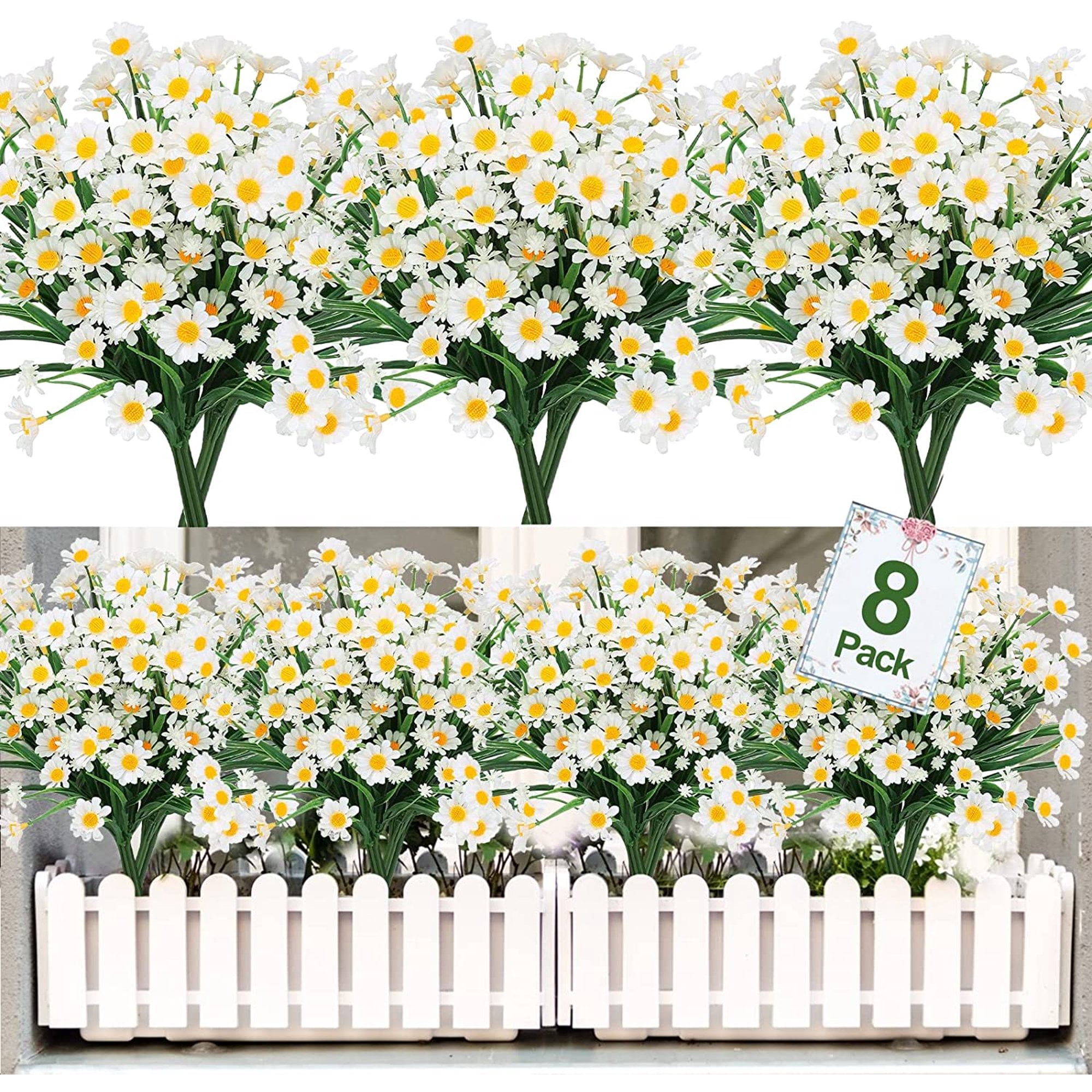 8 Bundles Artificial Daisy Flowers Outdoor UV Resistant Flowers Shrubs ...