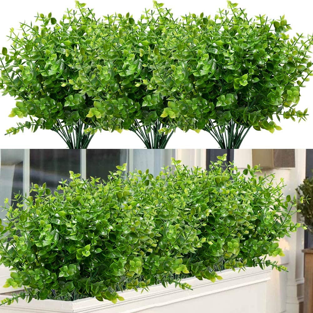 8 Bundles Outdoor Artificial Boxwood UV Resistant Fake Stems Plants ...