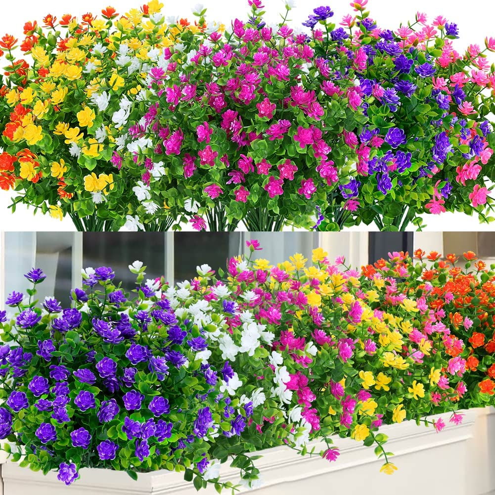 8 Bundles Outdoor Artificial Boxwood UV Resistant Fake Stems Plants ...