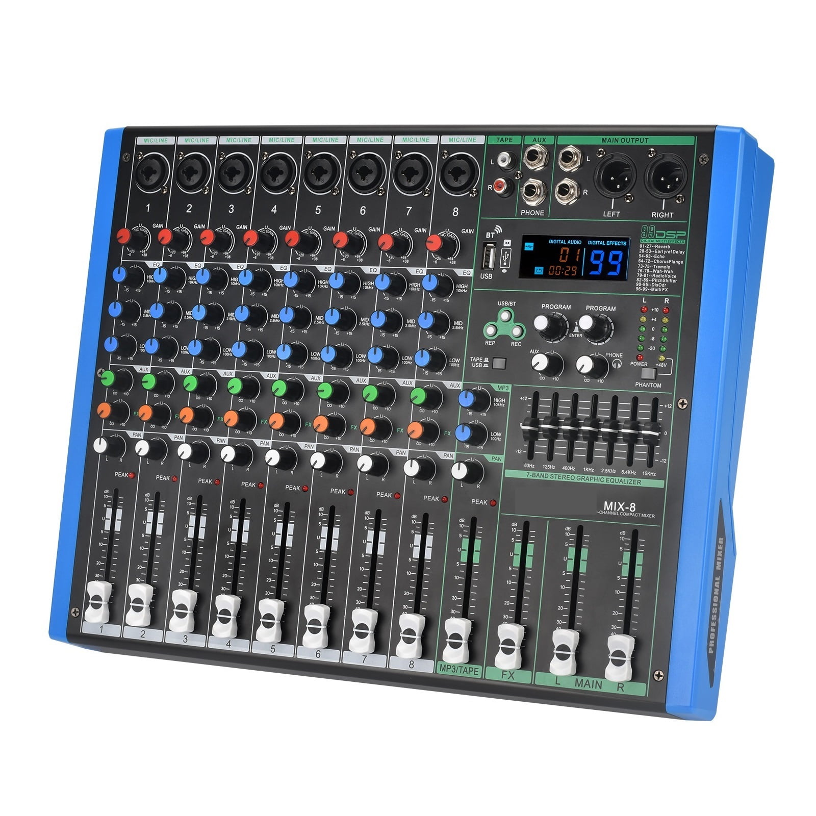 8 CH Stereo Mixing Console USB PC Play Recording Sound Audio Mixer 7 Band EQ Dj Controller Table ...