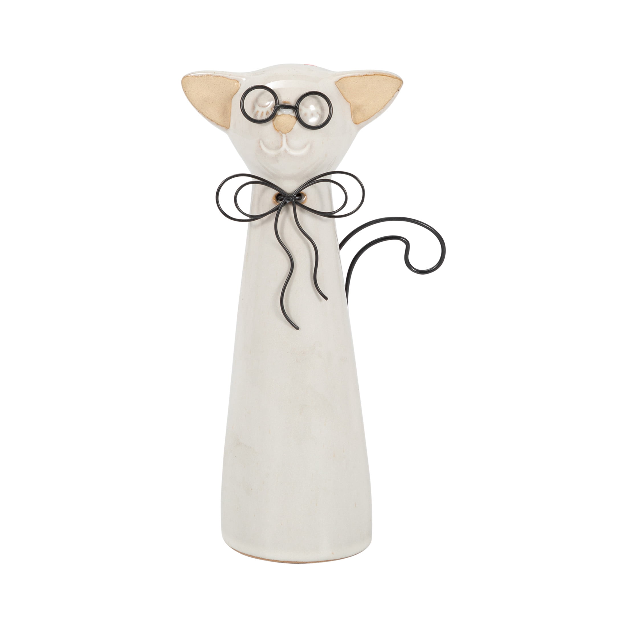8" Cat with Glasses Sculpture - Contemporary Ceramic White Cat Statue ...