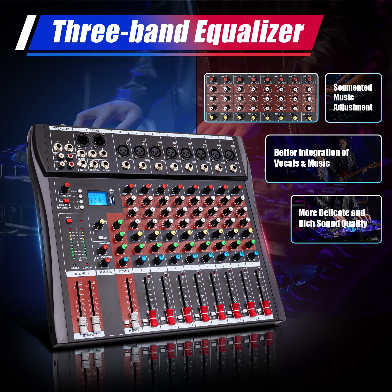 8 Channel Audio Mixer with LED Indicators, 3-Band Equalizer, Real-time Monitoring, Professional ...