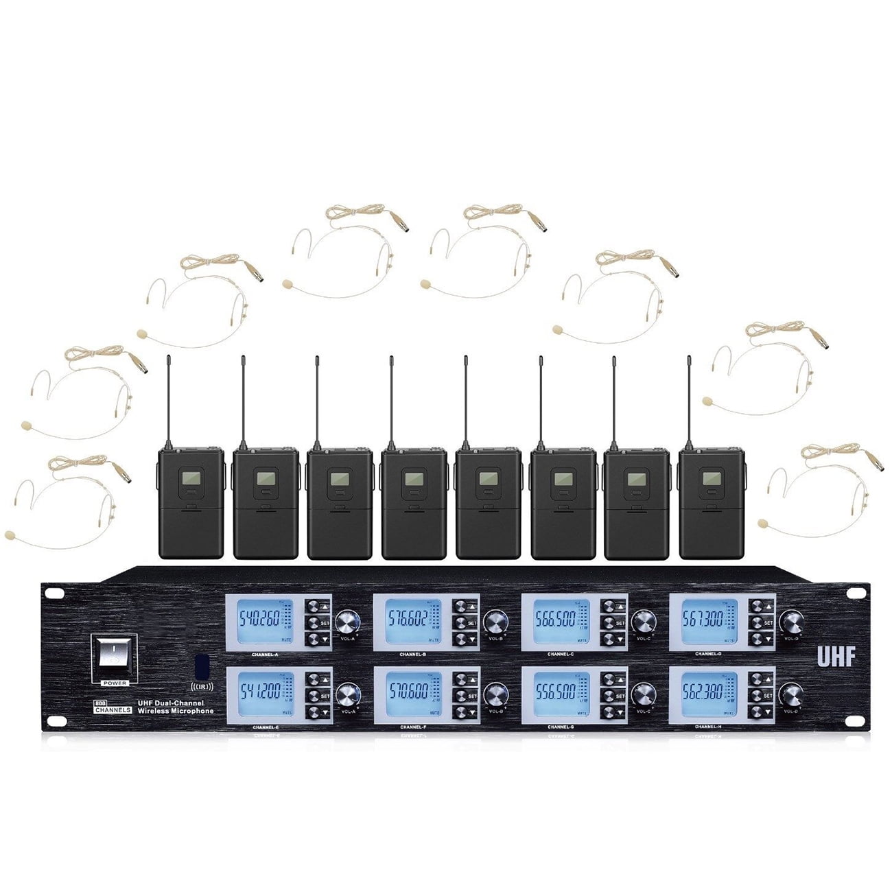 8 Channel UHF Wireless Earset Headworn Microphone System 8 Condenser ...