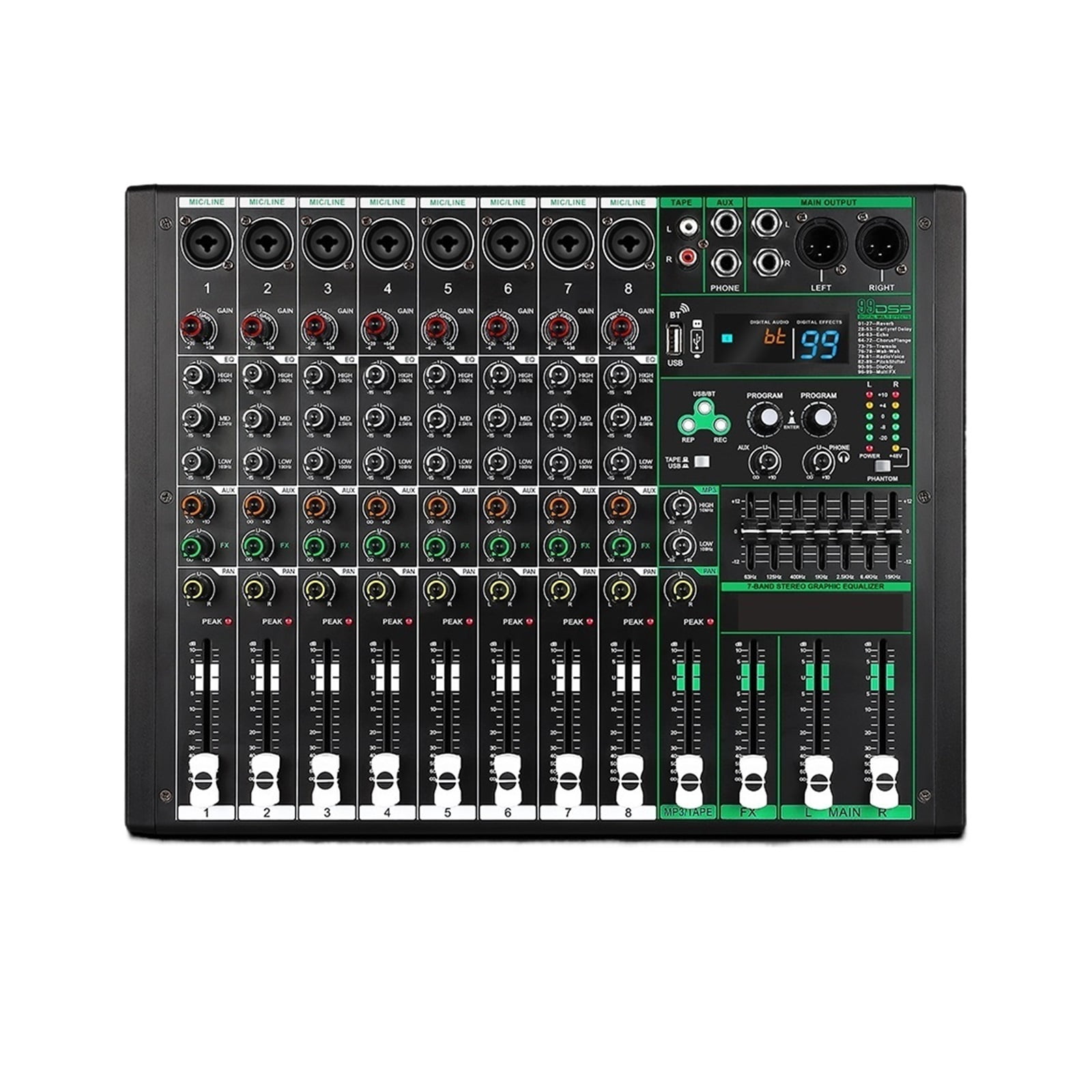 8 Channels Audio Mixer Sound Table Professional DJ Mixing Console 99 DSP Effects 48V Phantom ...