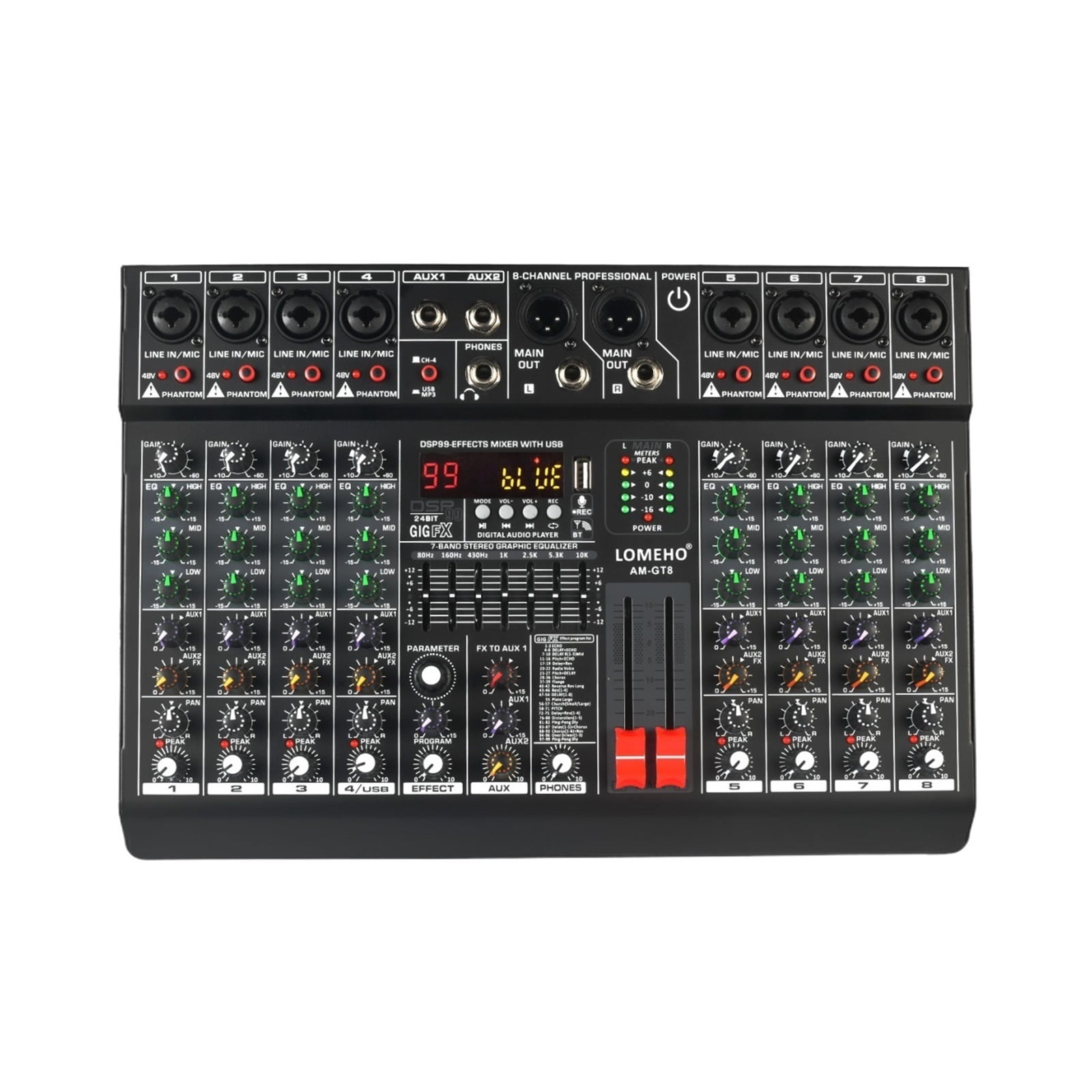 8 Channels Mixing Console 99 DSP Effects 7 Band EQ 2 AUX Output 48V ...