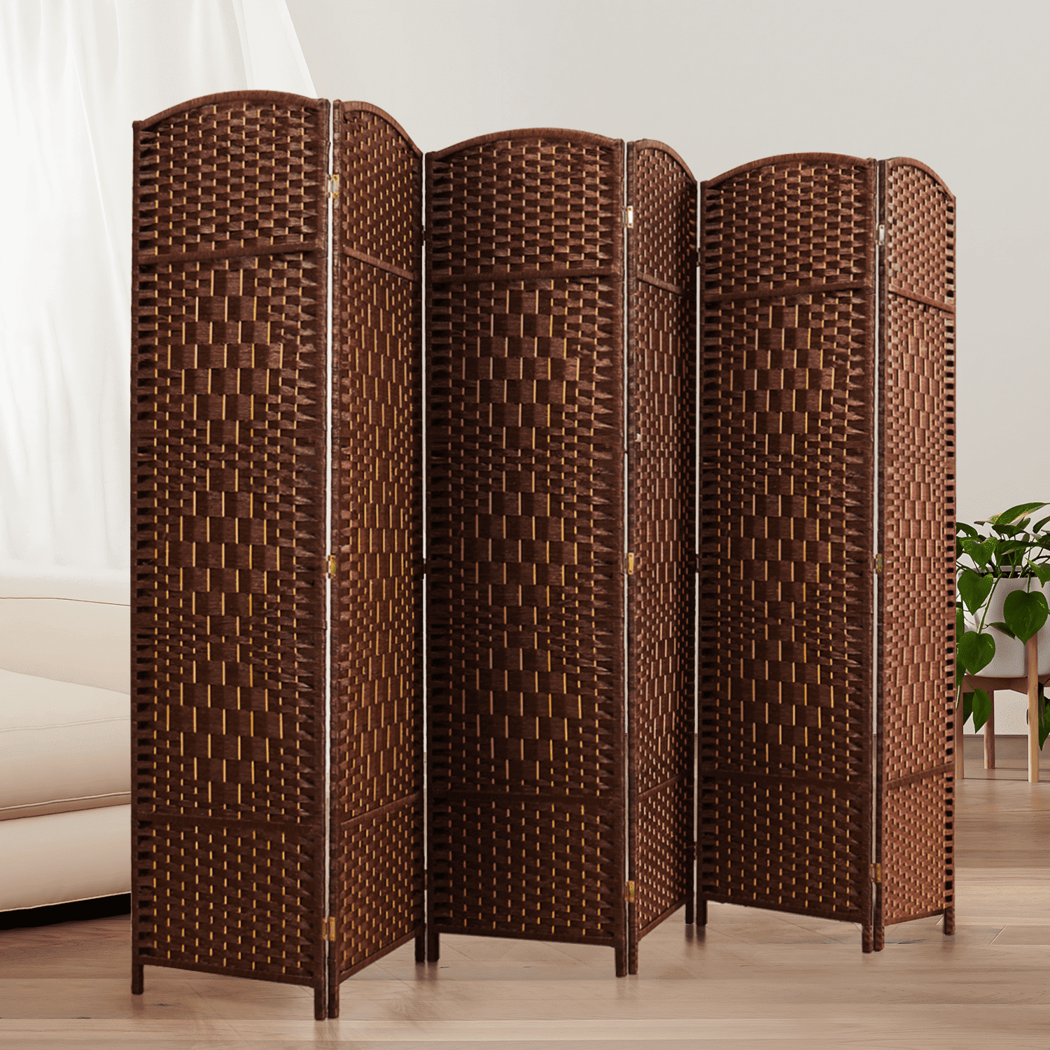 6 Brown Room Divider, 5.7 Foot Wooden Fiber Handmade Rattan Partition ...