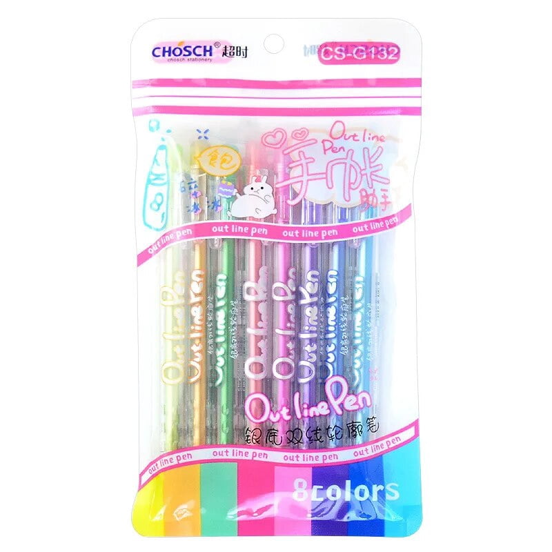 8 Color Christmas Pen Glitter Highlighter Gel Pens Double Line Outline ...