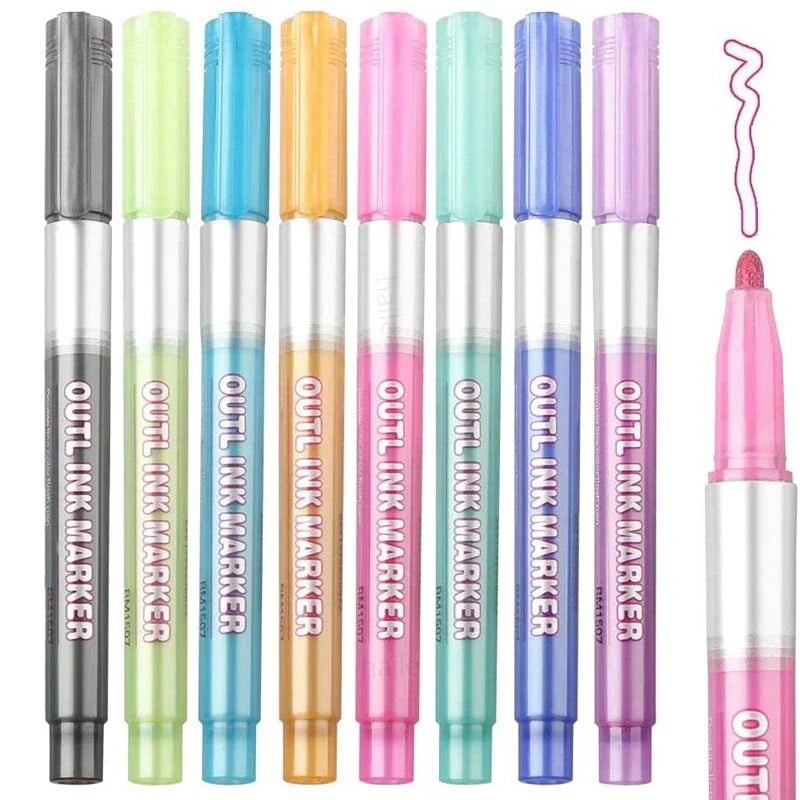 8 Color Christmas Pen Highlighter Double Line Outline Art Pen Marker ...