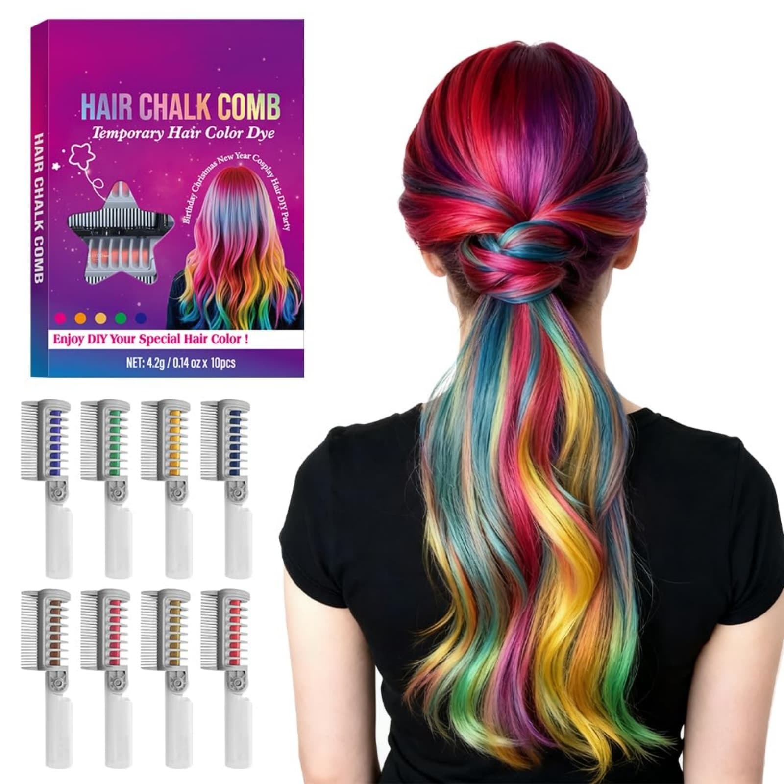 8 Color Hair Chalk Comb 10PCS, Washable Safe & Non-Toxic Styling Tool ...
