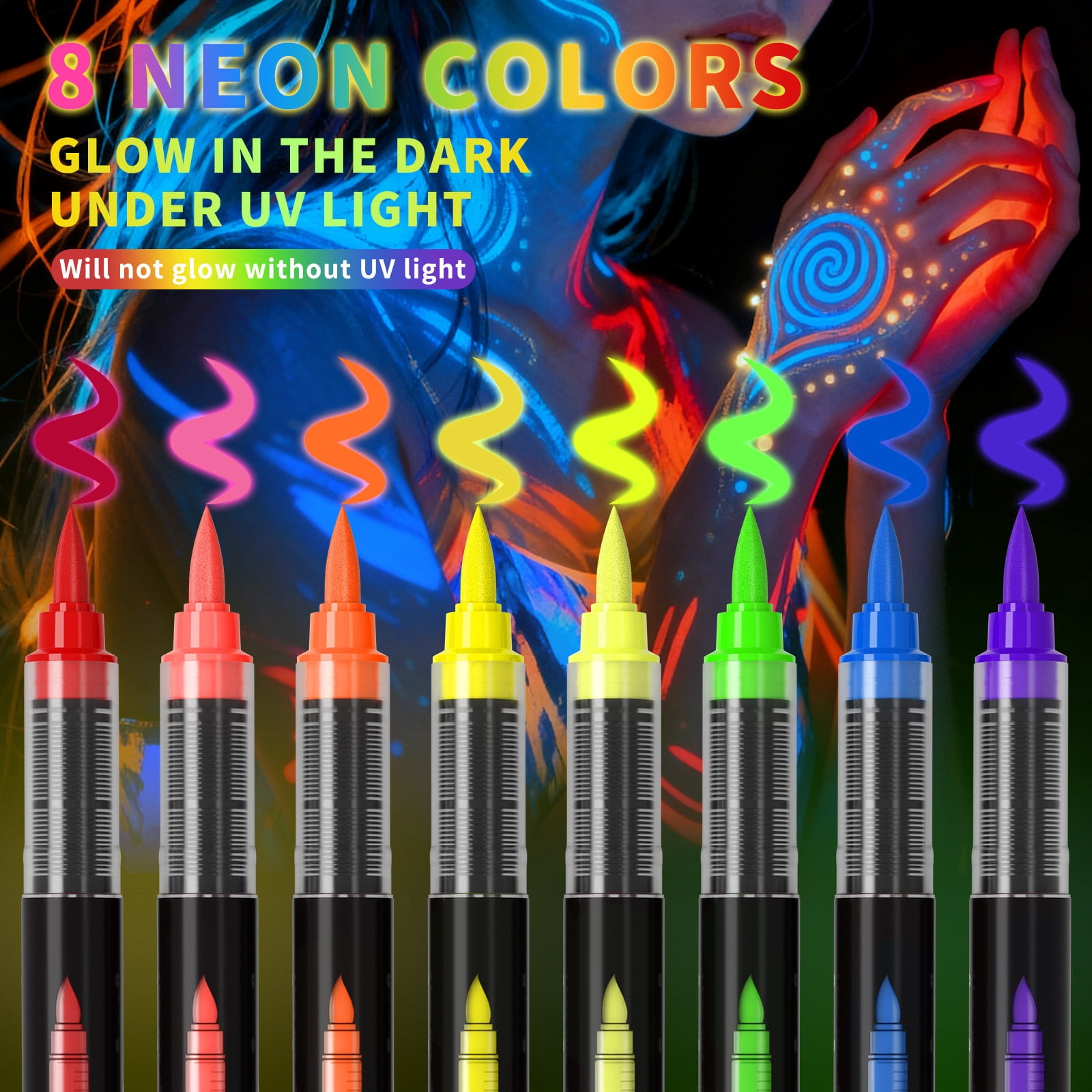 8-Color UV Blacklight Face and Body Paint Markers, Temporary Tattoo ...