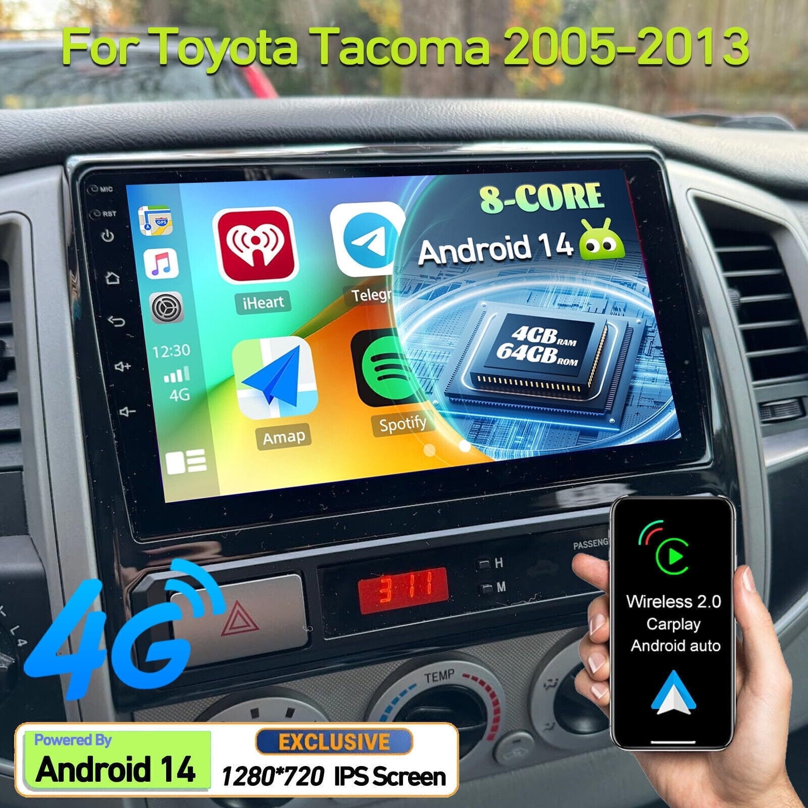 Asure 8 Core 4+64GB Android 14 Car Stereo for Toyota Tacoma 2005-2013 with GPS CarPlay - Walmart.com