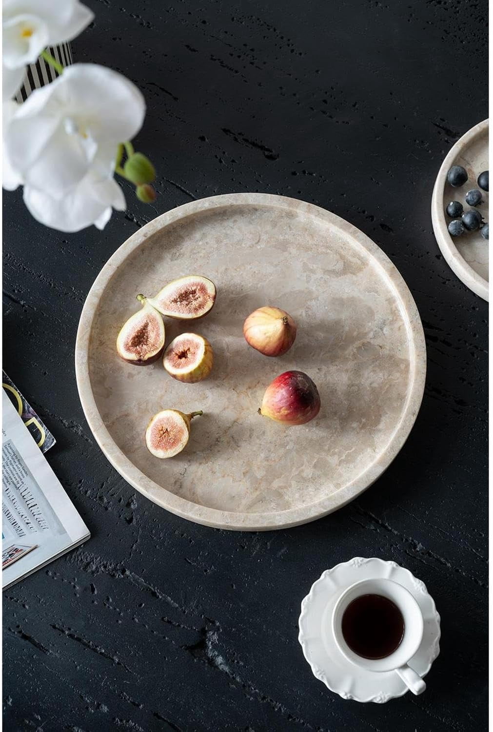 8” Cream Marble Decorative Tray with Raised Trim, Organic Modern Accent ...