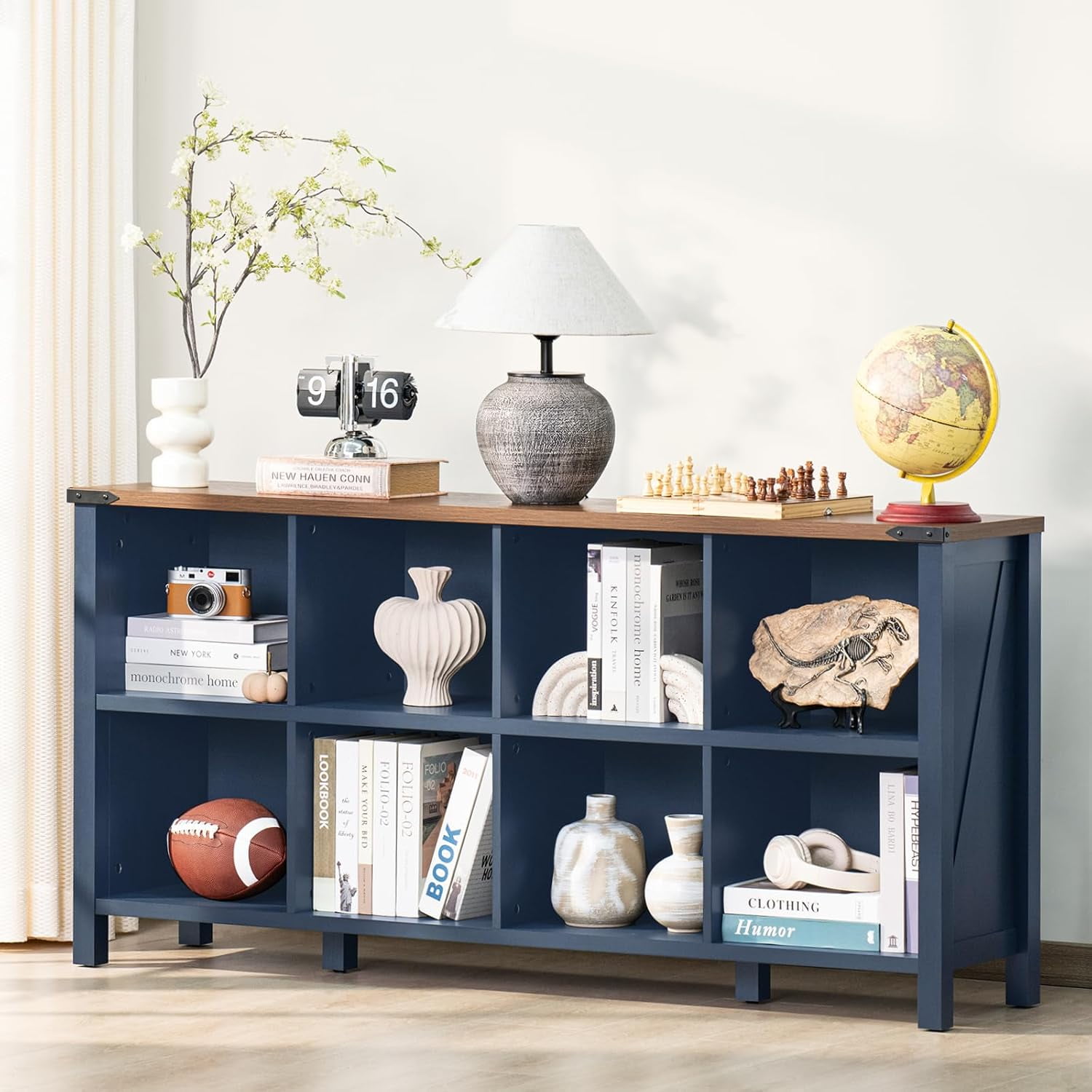 8 Cube Book Shelf Farmhouse Wood Long Storage Organizer Bookcase 62 ...