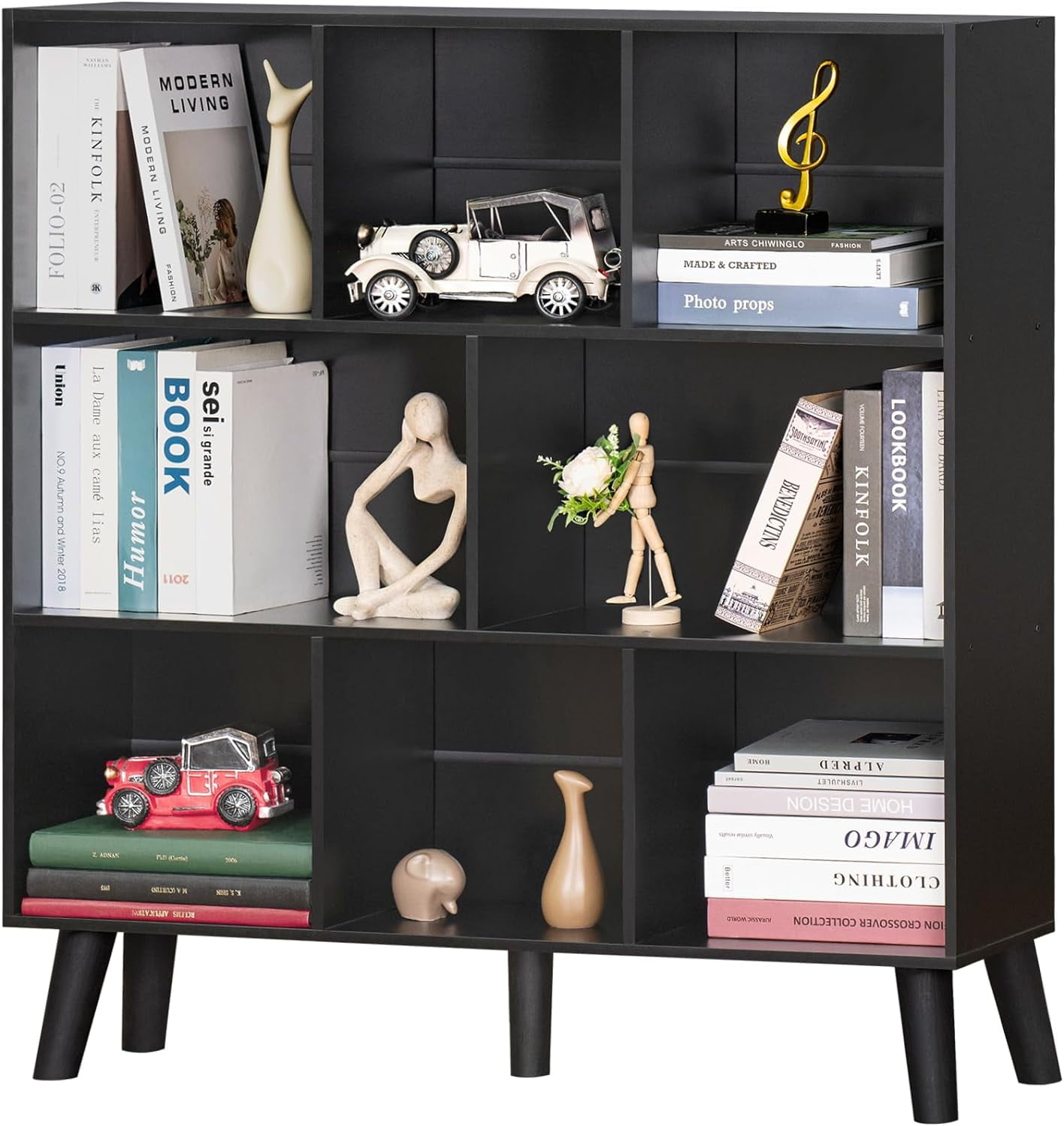 8 Cube Bookshelf,3 Tier Bookcase with Legs,Black Mid-Century Modern ...