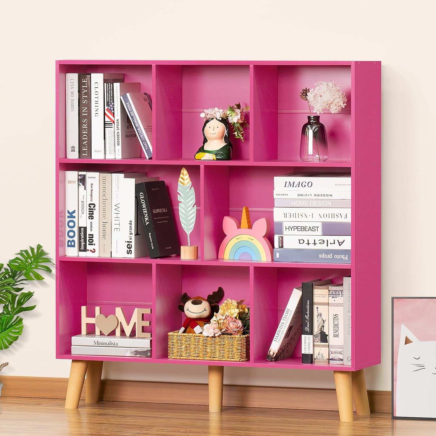 8 Cube Bookshelf 3-Tier Bookcase with Legs, Pink Kids Book Shelf Cute ...